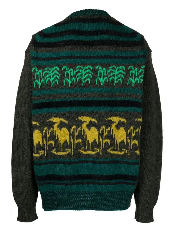Toga V-Neck Patterned Intarsia-Knit Cardigan In Green - 66% Off