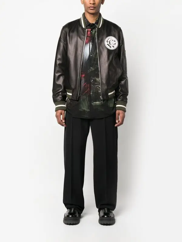 Roberto Cavalli Monogram-patch Leather Bomber Jacket