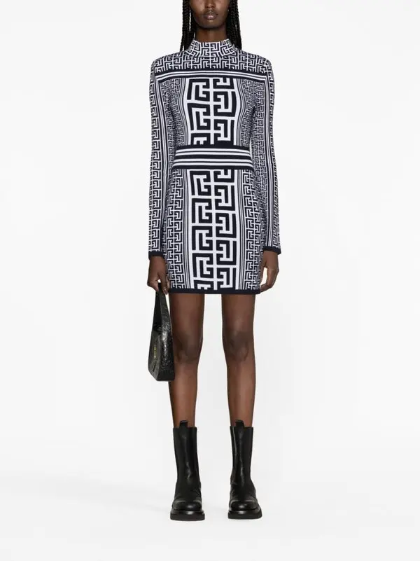 Balmain Monogram Jacquard Knit Minidress - White