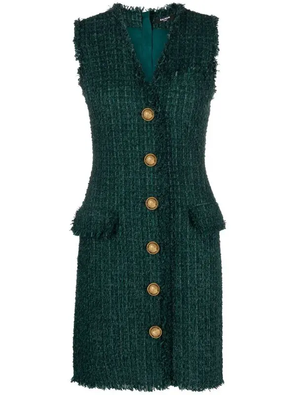 Balmain V-neck Buttoned Tweed Mini Dress