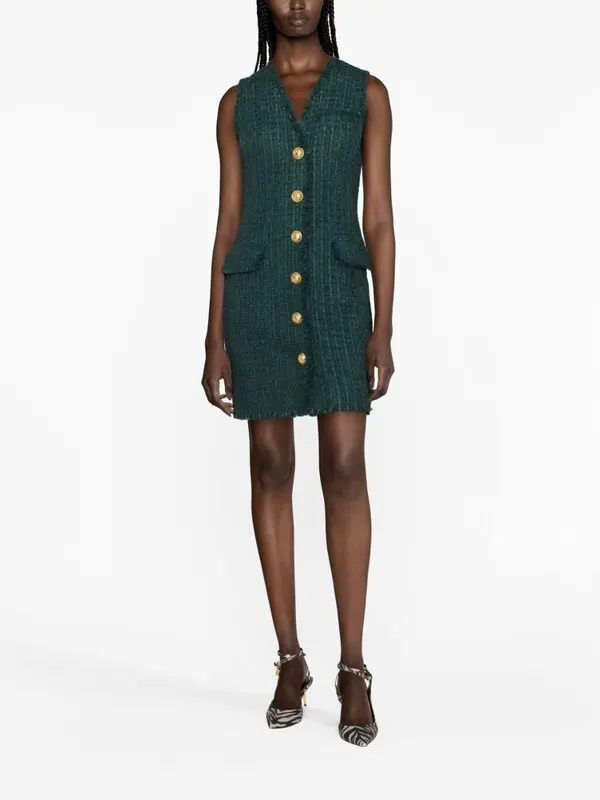 Balmain V-neck Buttoned Tweed Mini Dress