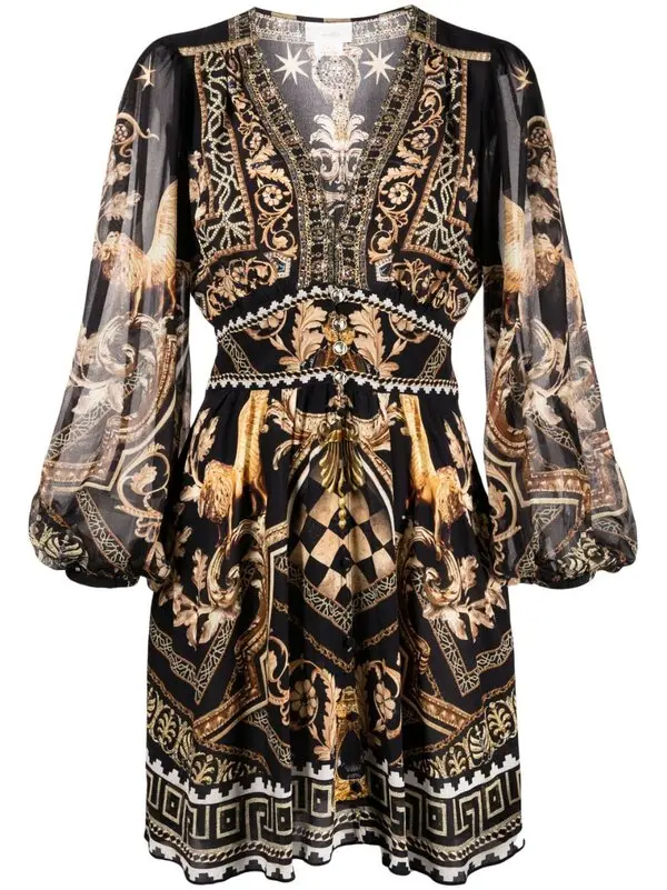 Camilla Graphic-print V-neck Silk Minidress - Black