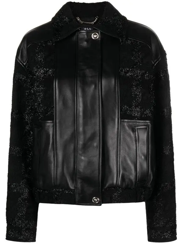 Versace Glittered Leather Bomber Jacket - Black