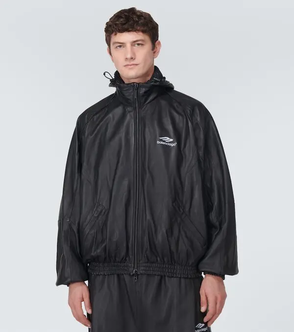 Balenciaga 3b Sports Icon Leather Track Jacket - Black | Editorialist
