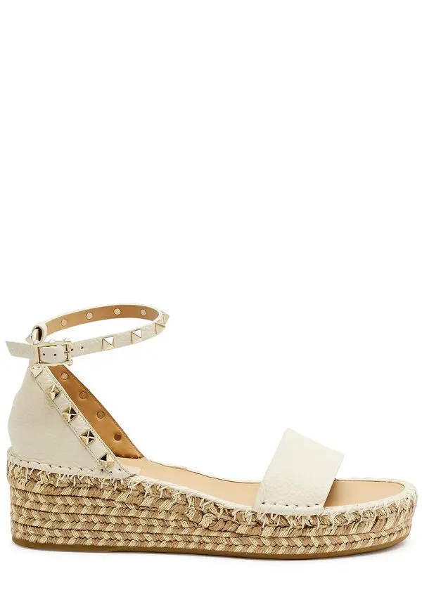 Valentino Garavani Rockstud 50 Leather Wedge Espadrilles - Ivory
