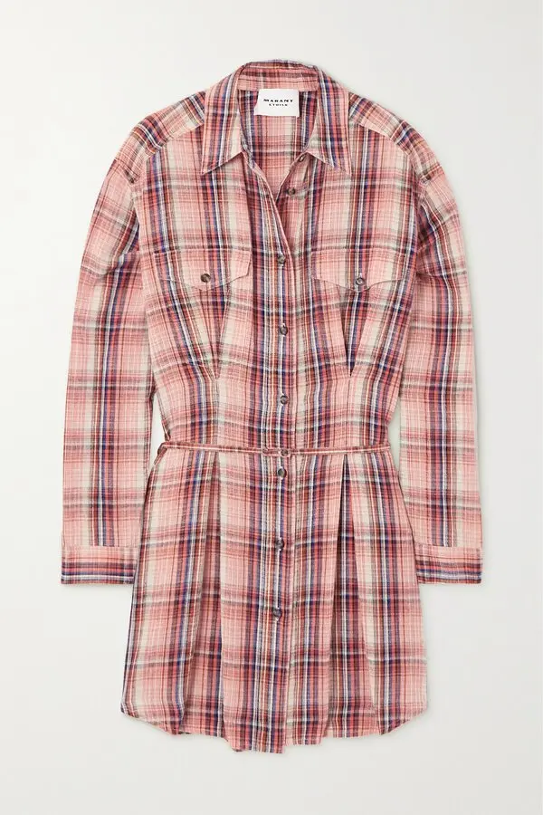 Marant Toile Liliane Belted Checked Cotton And Linen-Blend Mini Shirt Dress  In Orange - 40% Off | Editorialist