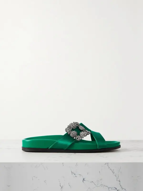 Manolo Blahnik Chilanghi Satin Slides - Green
