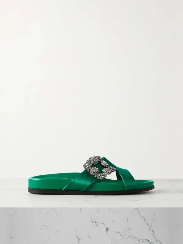Manolo Blahnik Chilanghi Satin Slides - Green