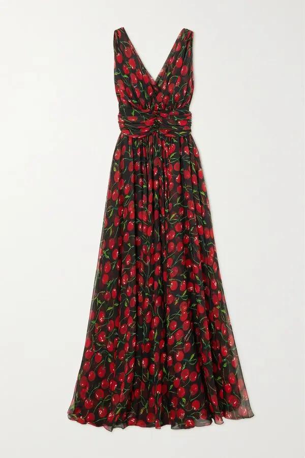 Dolce & Gabbana Gathered Printed Silk-blend Chiffon Maxi Dress