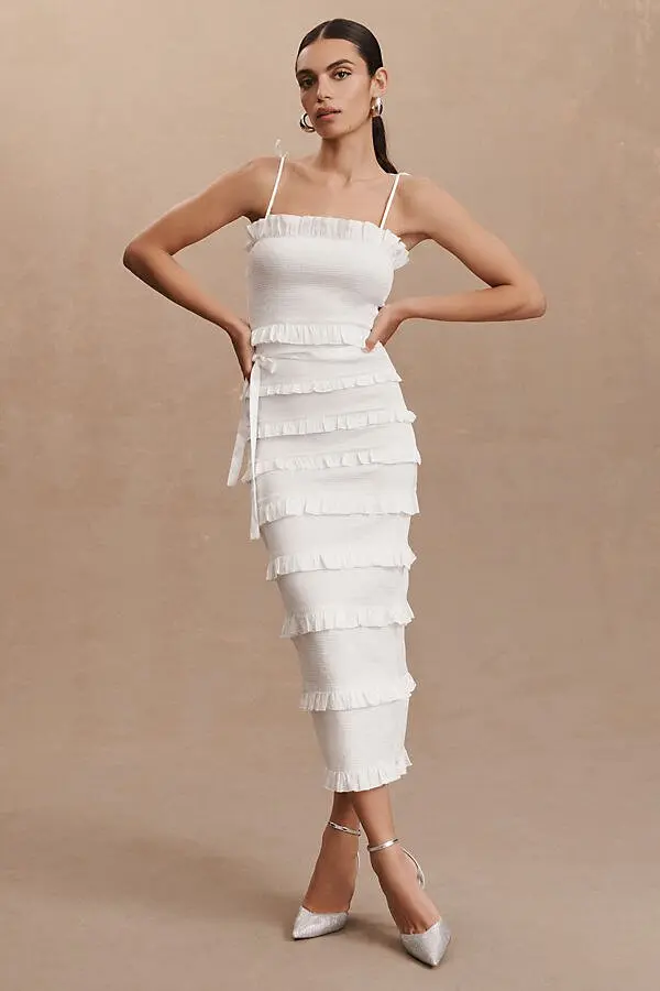 V. CHAPMAN Lily Ruched & Ruffled Stretch Midi Dress