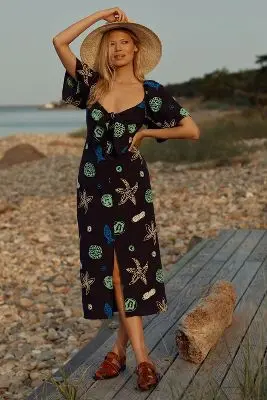 Rhode Pablo V-Neck Embroidered Dress In Blue - 75% Off | Editorialist