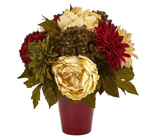 NEARLY NATURAL 14' Peony, Hydrangea & Dahlia In Vase - One-color