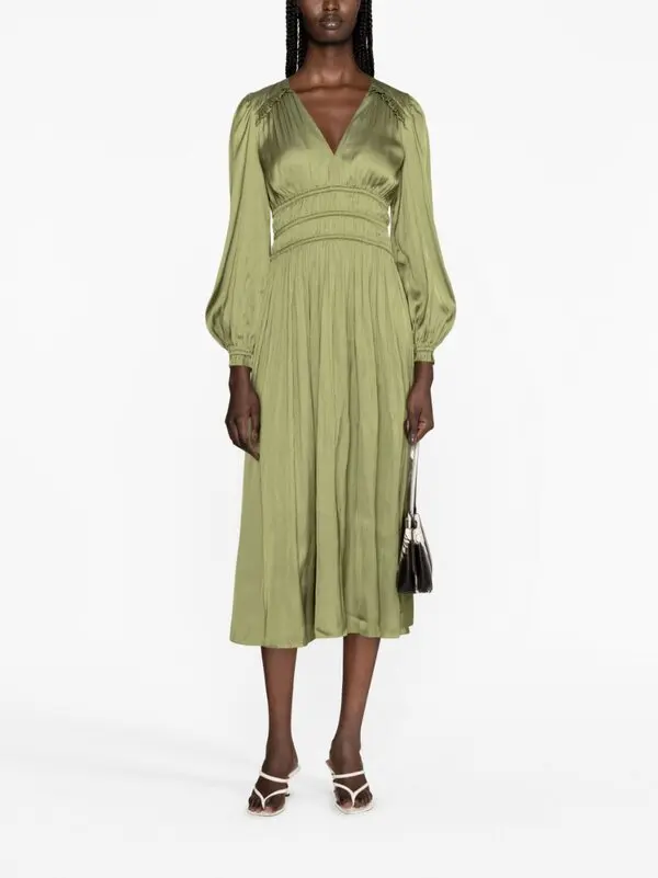 Maje Satin Ruffle-Trimmed Midi Dress In Green - 40% Off | Editorialist