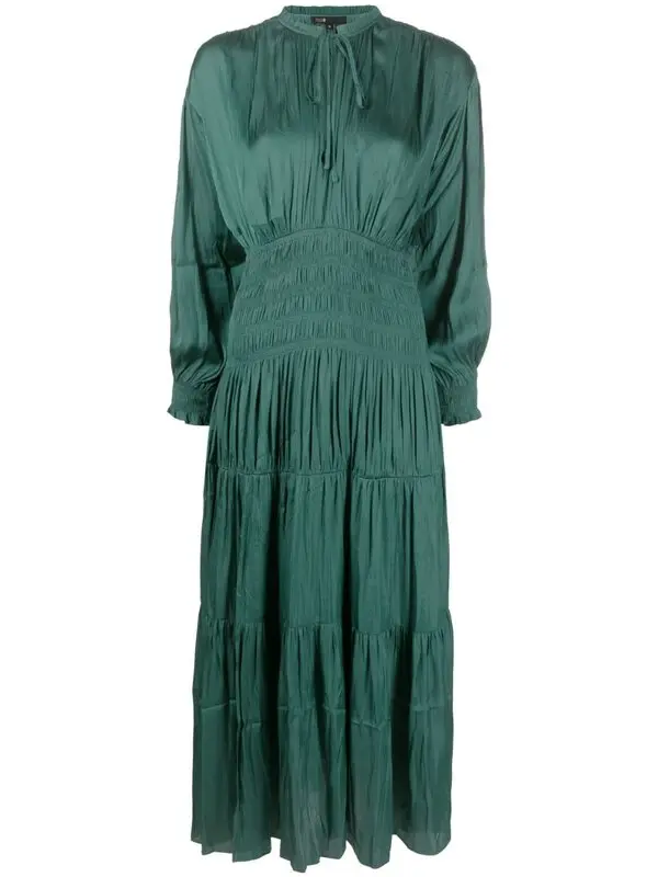 Maje Tiered Satin Midi Dress - Green