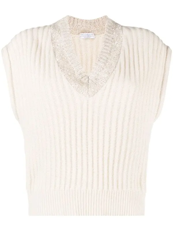 Brunello Cucinelli Sequin-embellished Knitted Top - Neutrals