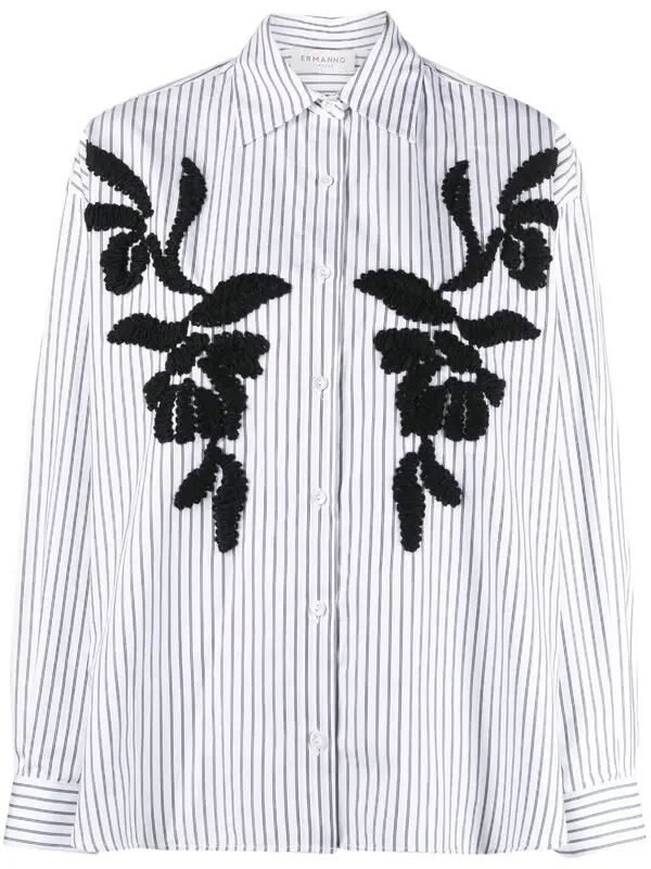 ERMANNO FIRENZE Floral-embroidered Striped Shirt - White