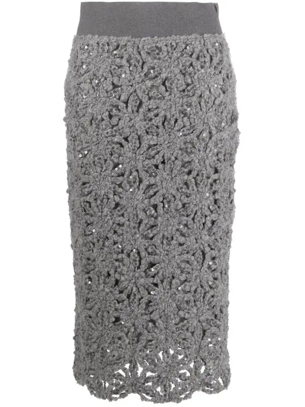 Brunello Cucinelli Sequin-embellished Crochet Knit Midi Skirt - Grey