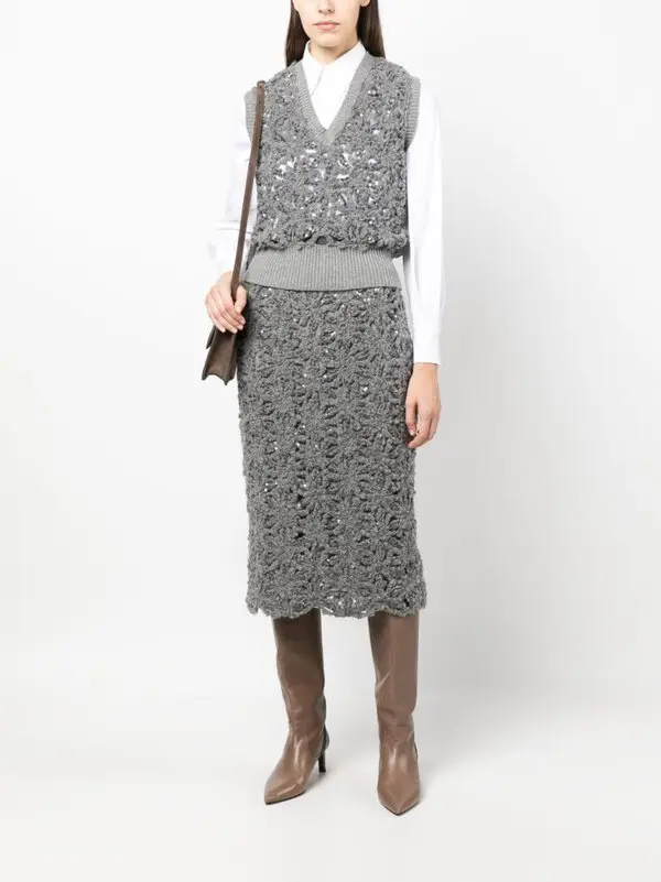 Brunello Cucinelli Sequin-embellished Crochet Knit Midi Skirt