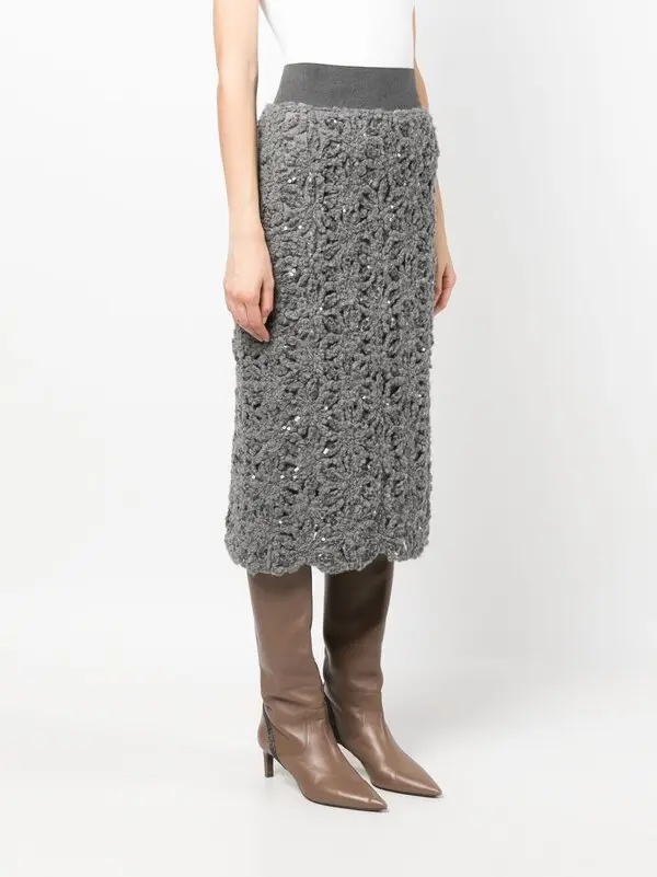 Brunello Cucinelli Sequin-embellished Crochet Knit Midi Skirt