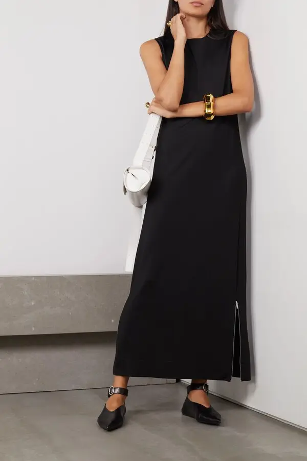 jil sander mock-neck front-pockets knit midi dress Jil Sander Squareneck Linen Midi-Dress