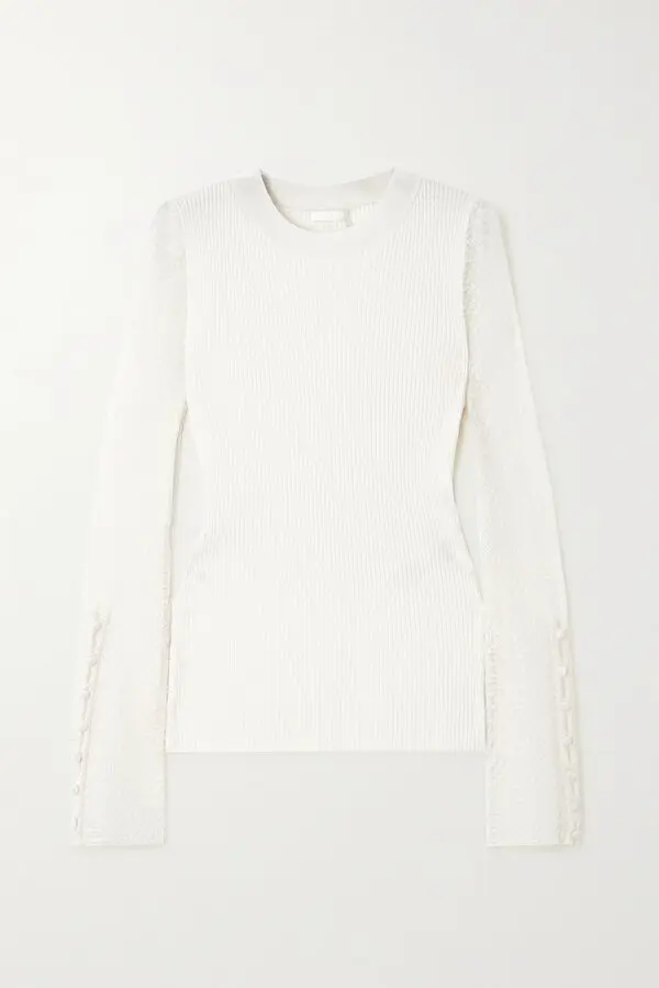 Chloé Ribbed Wool-blend And Pointelle-knit Linen-blend Top
