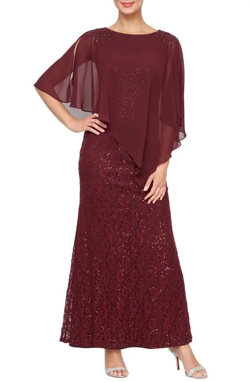 SL FASHIONS Beaded Lace & Chiffon Capelet Gown - Fig