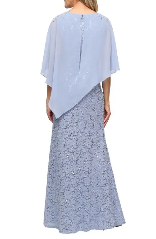 SL FASHIONS Beaded Lace & Chiffon Capelet Gown - Hydrangea
