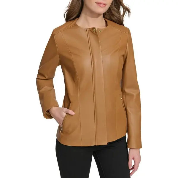 Cole Haan Collarless Leather Jacket - Hazelnut