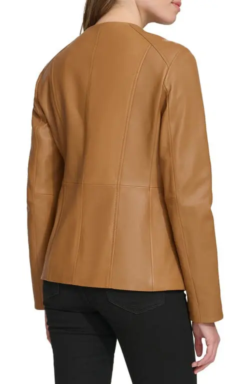 Cole Haan Collarless Leather Jacket - Hazelnut