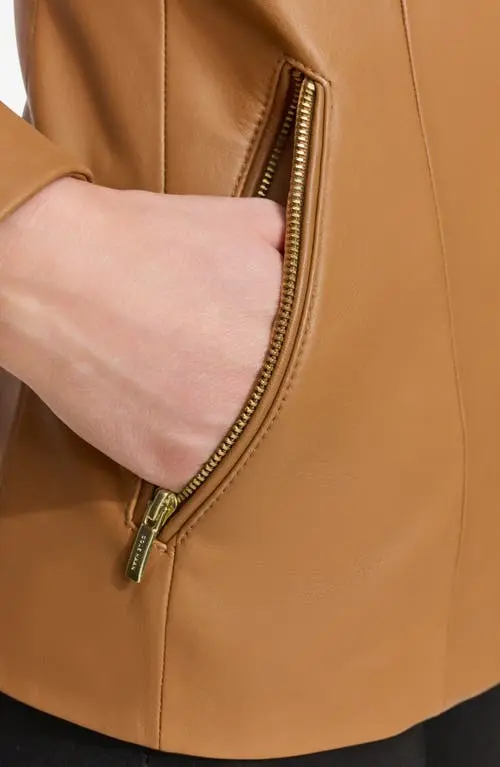 Cole Haan Collarless Leather Jacket - Hazelnut