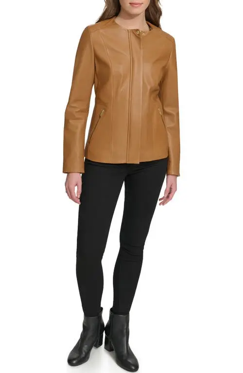 Cole Haan Collarless Leather Jacket - Hazelnut