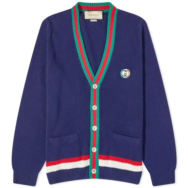 Gucci Gg Logo Stripe Placket Cardigan - Navy