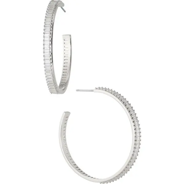 Nadri Large Disco Baguette Cubic Zirconia Hoop Earrings - Rhodium