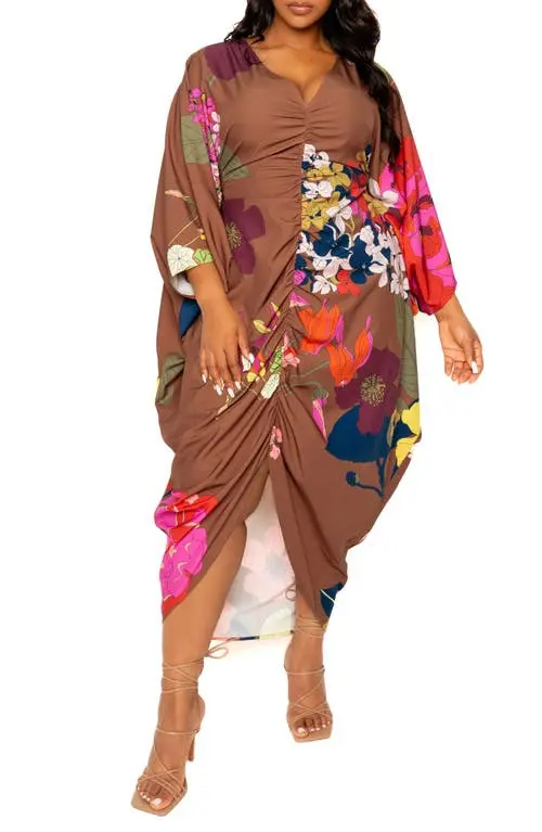 BUXOM COUTURE Print Cinch Waist Caftan Dress - Brown Multi