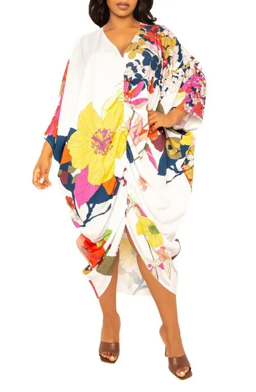 BUXOM COUTURE Print Cinch Waist Caftan Dress - White Multi