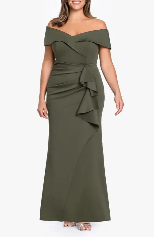 XSCAPE EVENINGS Off-the-shoulder Ruffle Gown - Olive