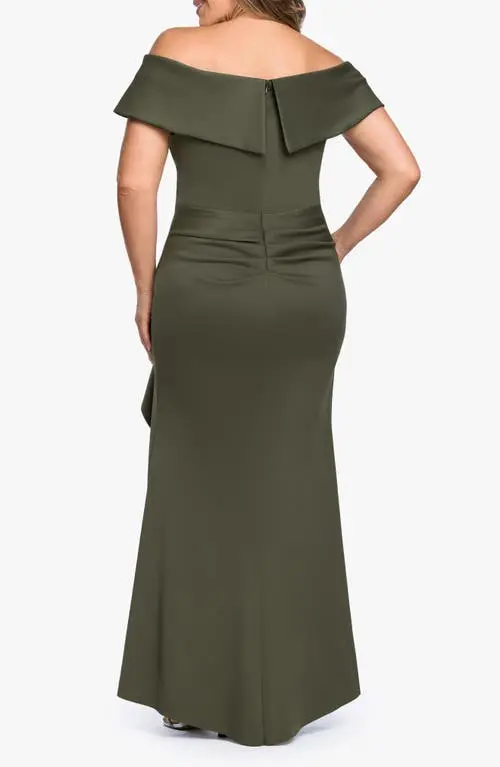 XSCAPE EVENINGS Off-the-shoulder Ruffle Gown - Olive