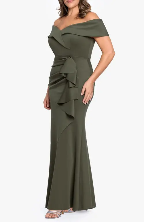 XSCAPE EVENINGS Off-the-shoulder Ruffle Gown - Olive