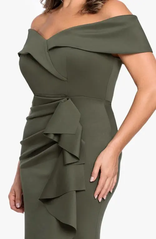 XSCAPE EVENINGS Off-the-shoulder Ruffle Gown - Olive