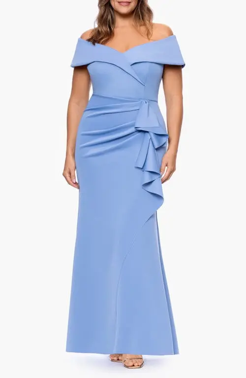 XSCAPE EVENINGS Off-the-shoulder Ruffle Gown - Slate