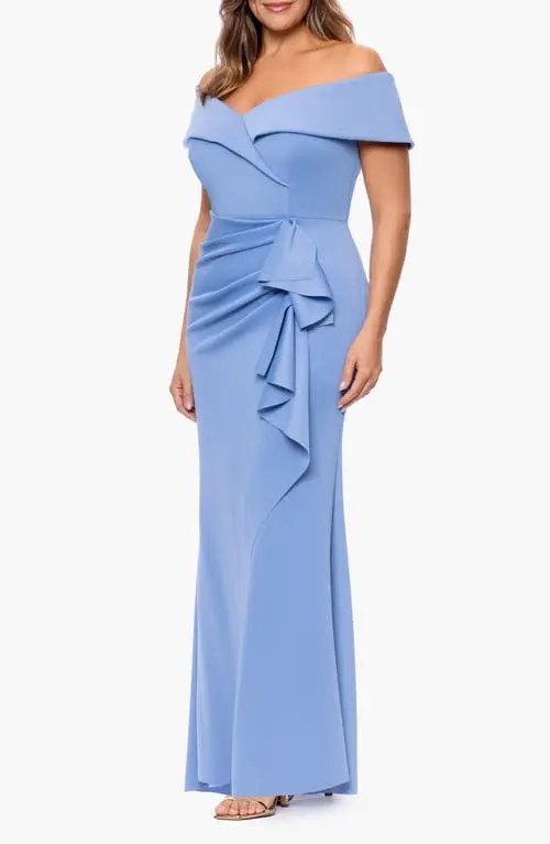 XSCAPE EVENINGS Off-the-shoulder Ruffle Gown - Slate