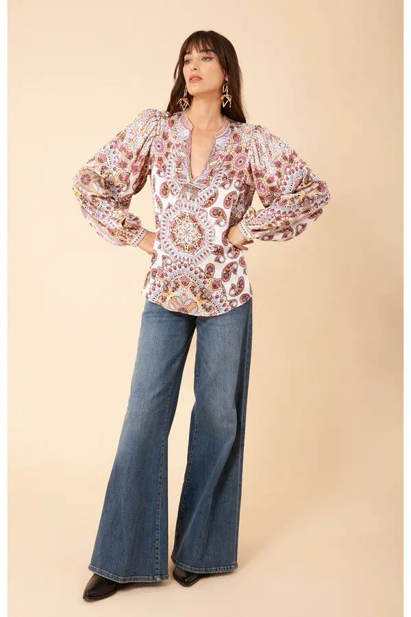 Hale Bob Joleen Beaded Charmeuse Top - Neutral