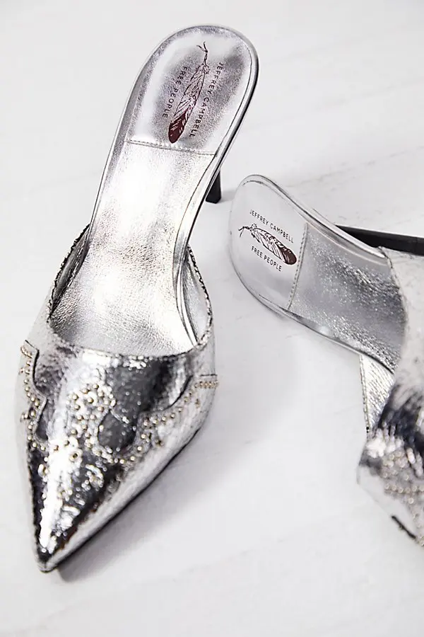 Jeffrey Campbell Skylar Studded Mules In Silver Metallic Crackle