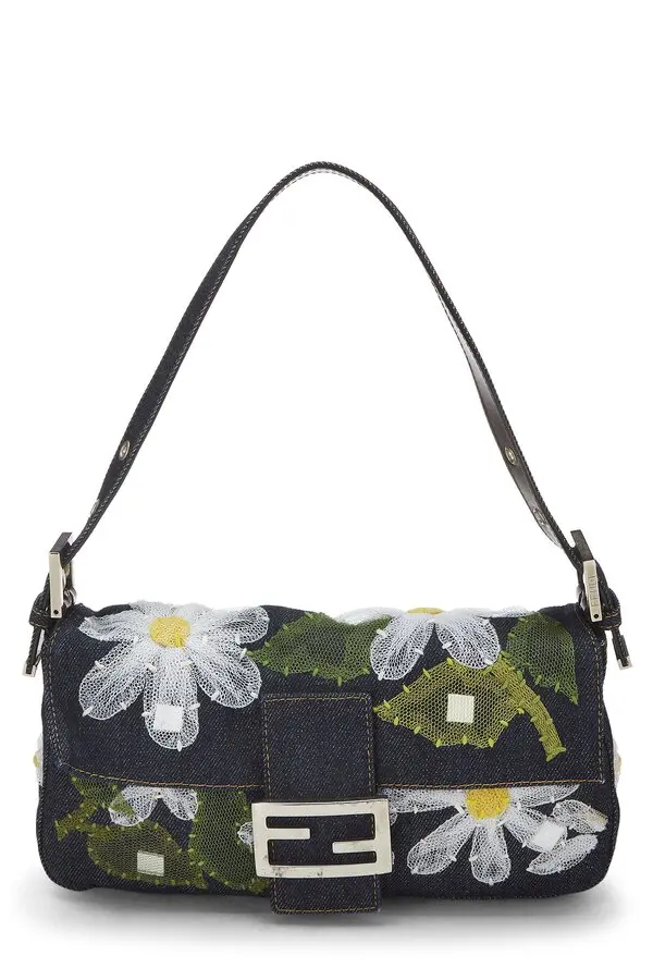 Fendi Denim Daisy Embroidered Baguette