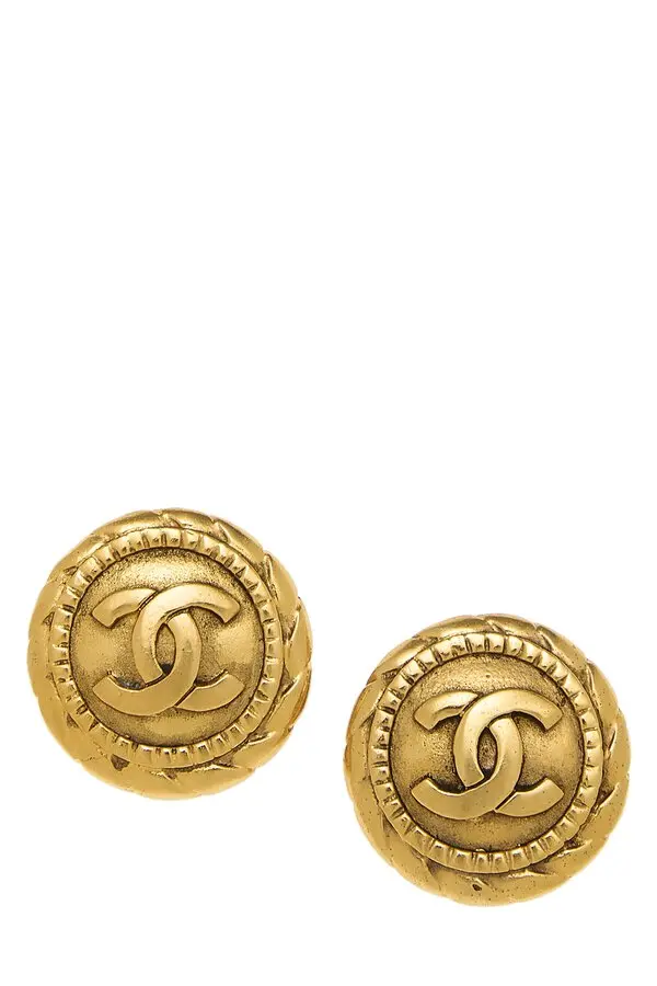 CHANEL Gold CC Rope-Edge Button Earrings Clip On Vintage Chanel 24K Gold Plated CC Round Button Clip On Earrings main image 3