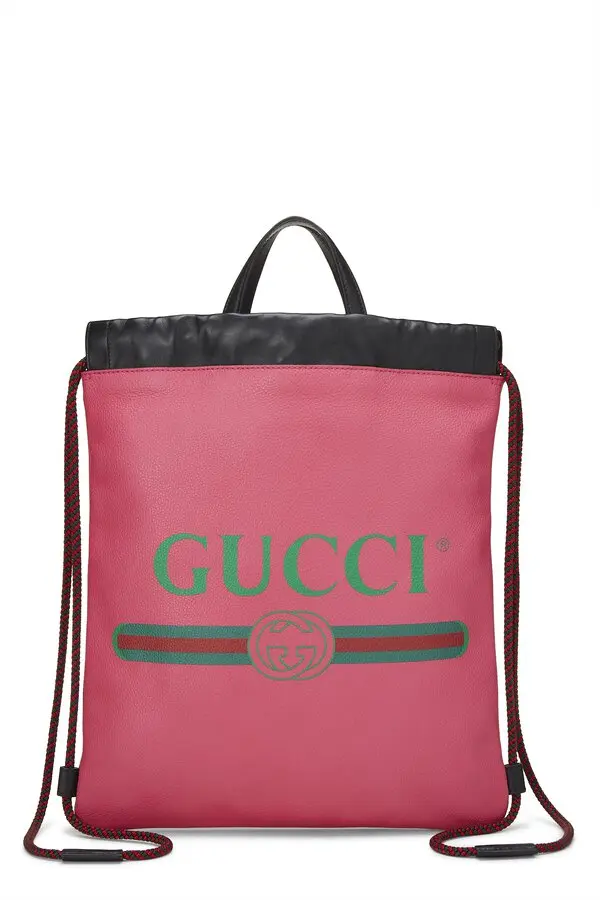 Gucci Leather Logo Print Drawstring Backpack - Pink