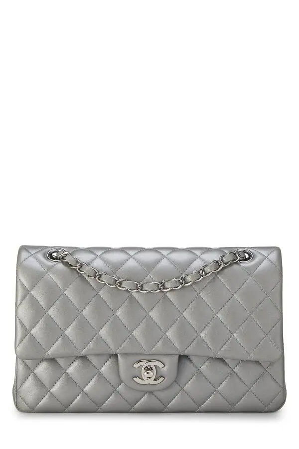 Chanel Quilted Lambskin Classic Double Flap Shoulder Bag - Silver