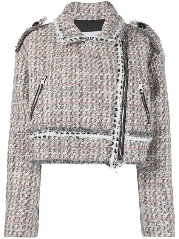 MSGM Cropped Tweed Biker Jacket - Pink