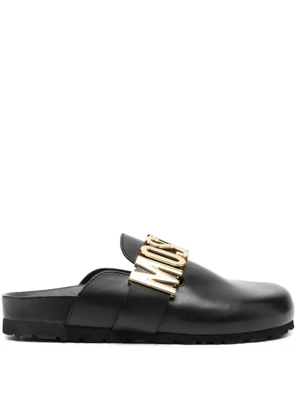 Moschino Leather Mules With Logo Plaque - Black