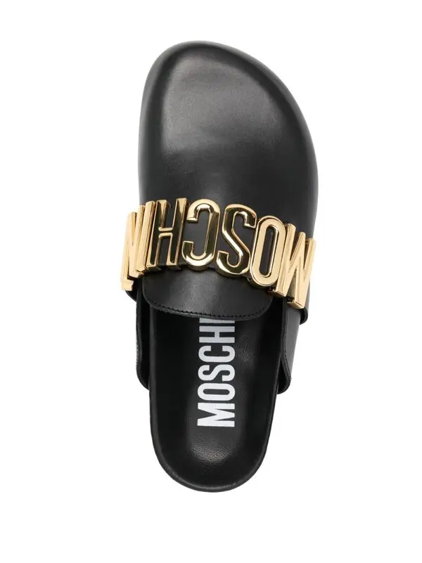 Moschino Leather Mules With Logo Plaque - Black